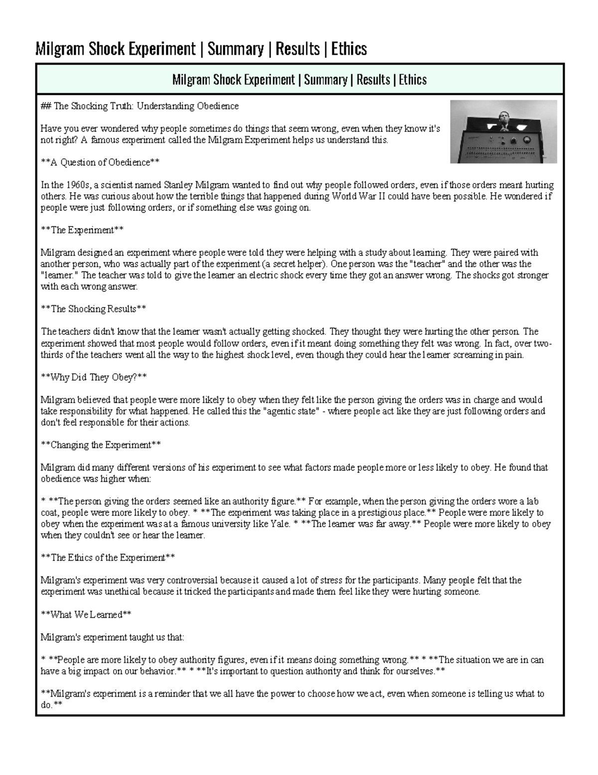 Milgram Studies: Summary, Results, and Ethical Considerations - Studocu