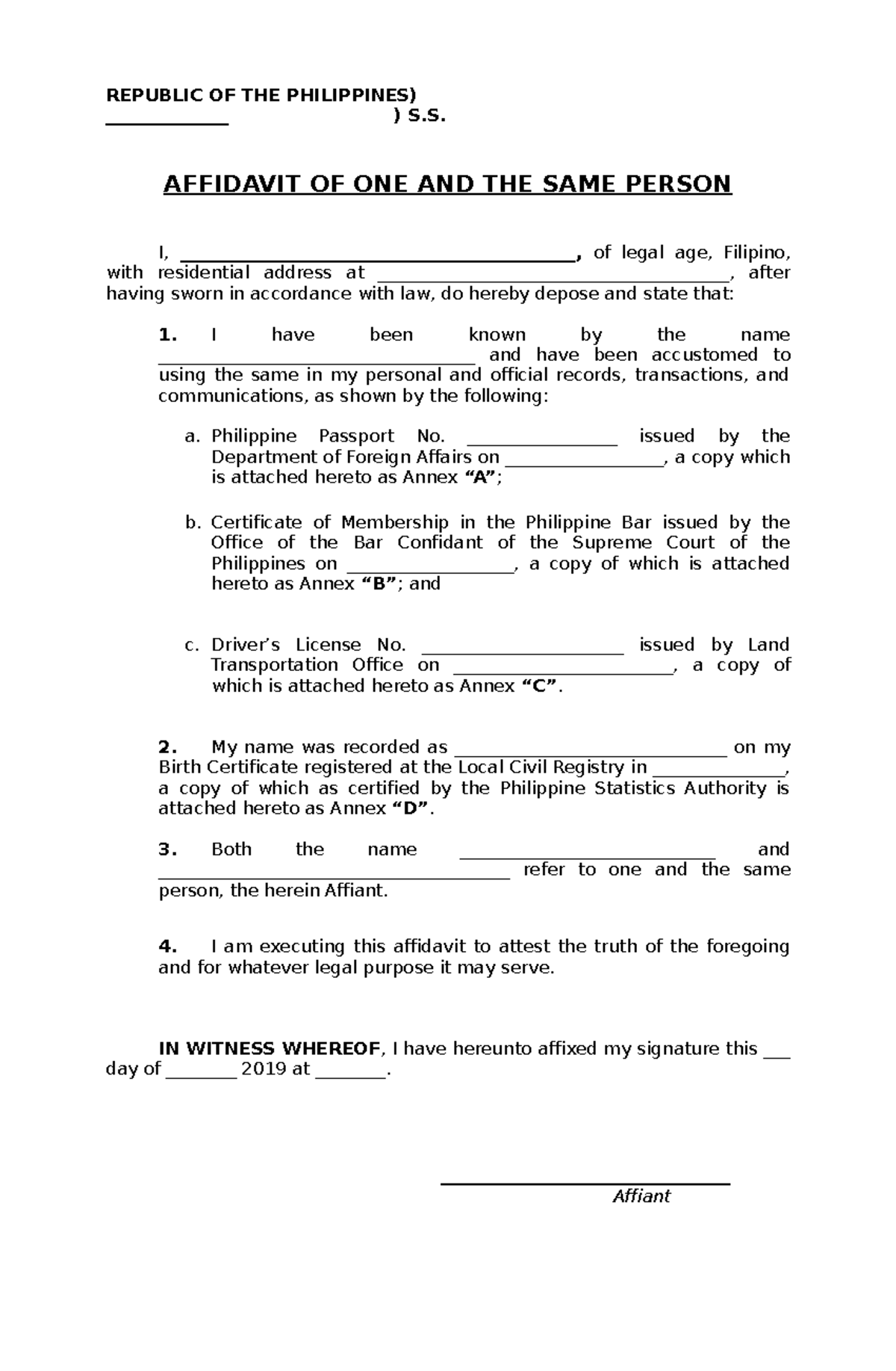420795673 Sample Affidavit of One and the Same Person Document - Studocu