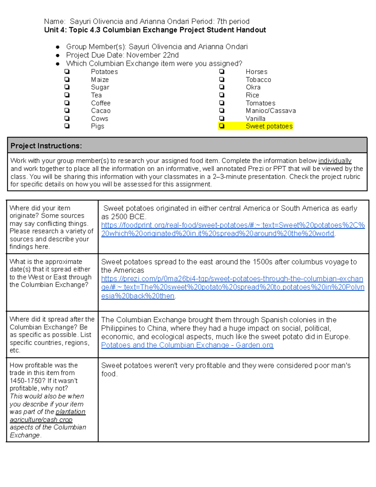 Unit 4: Columbian Exchange Project Student Handout (Sweet Potato) - Studocu