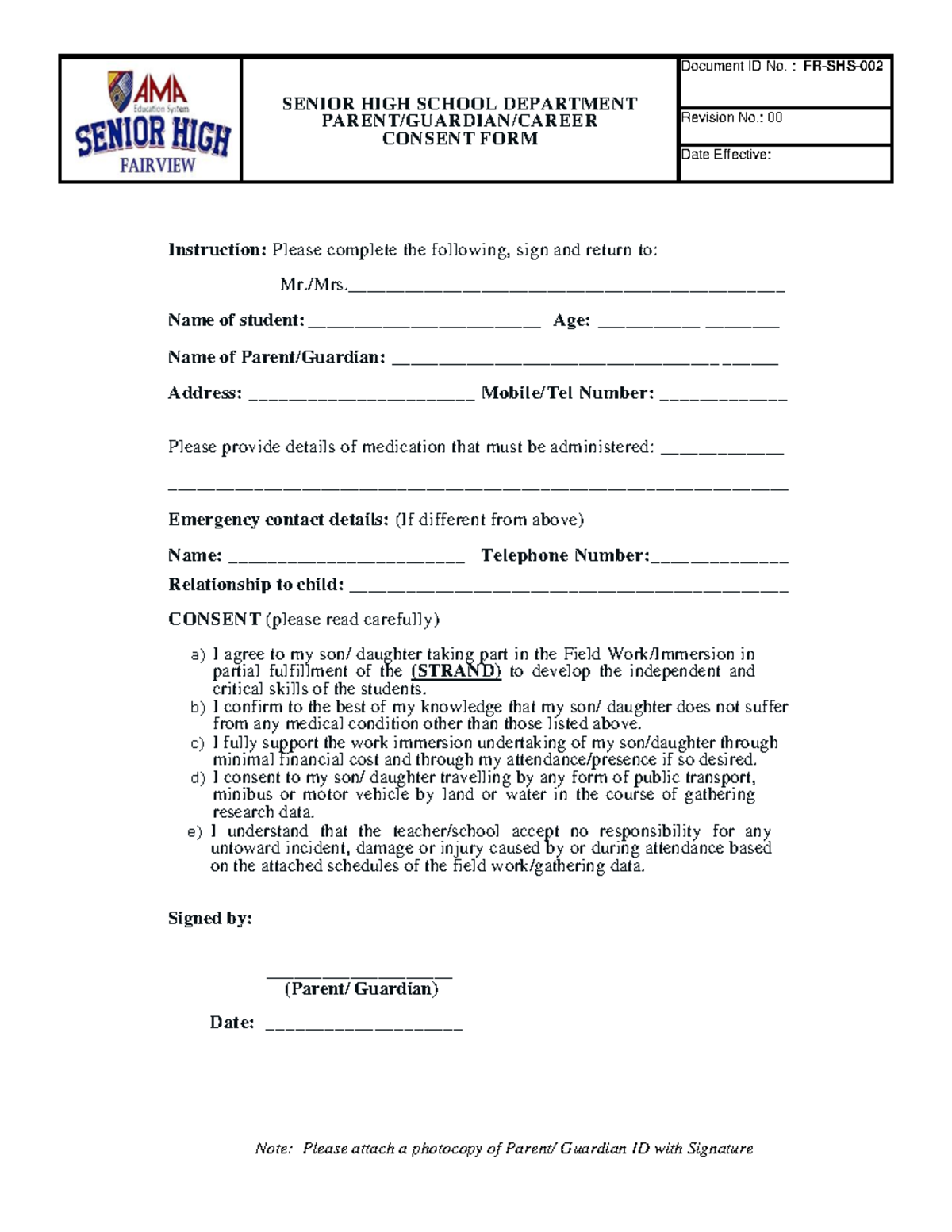 SHS Consent Form for Field Work/Immersion Waiver - FR-SHS-002 - Studocu