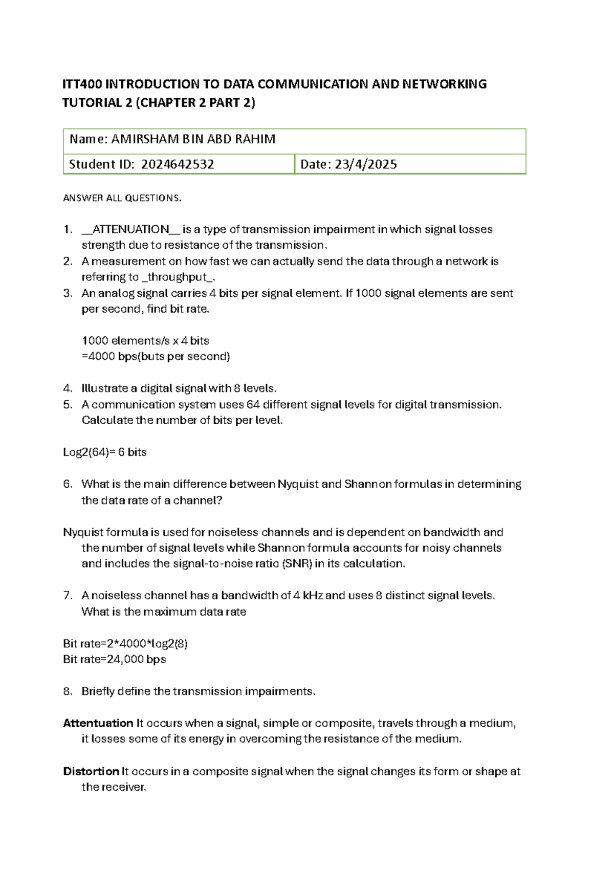 ITT400 TUTORIAL 2: DATA COMMUNICATION & NETWORKING CH 2 PART 2 - Studocu
