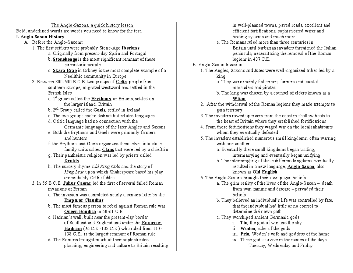 Anglo Saxon History Notes (HIST 2009) - Key Concepts for the Test - Studocu