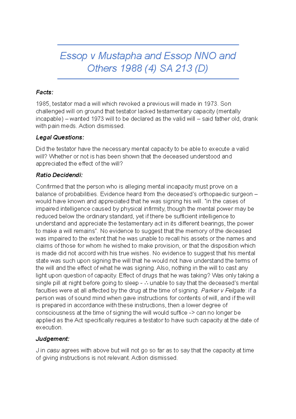 Essop v Mustapha and Essop NNO Case Summary Analysis (1988) - Studocu