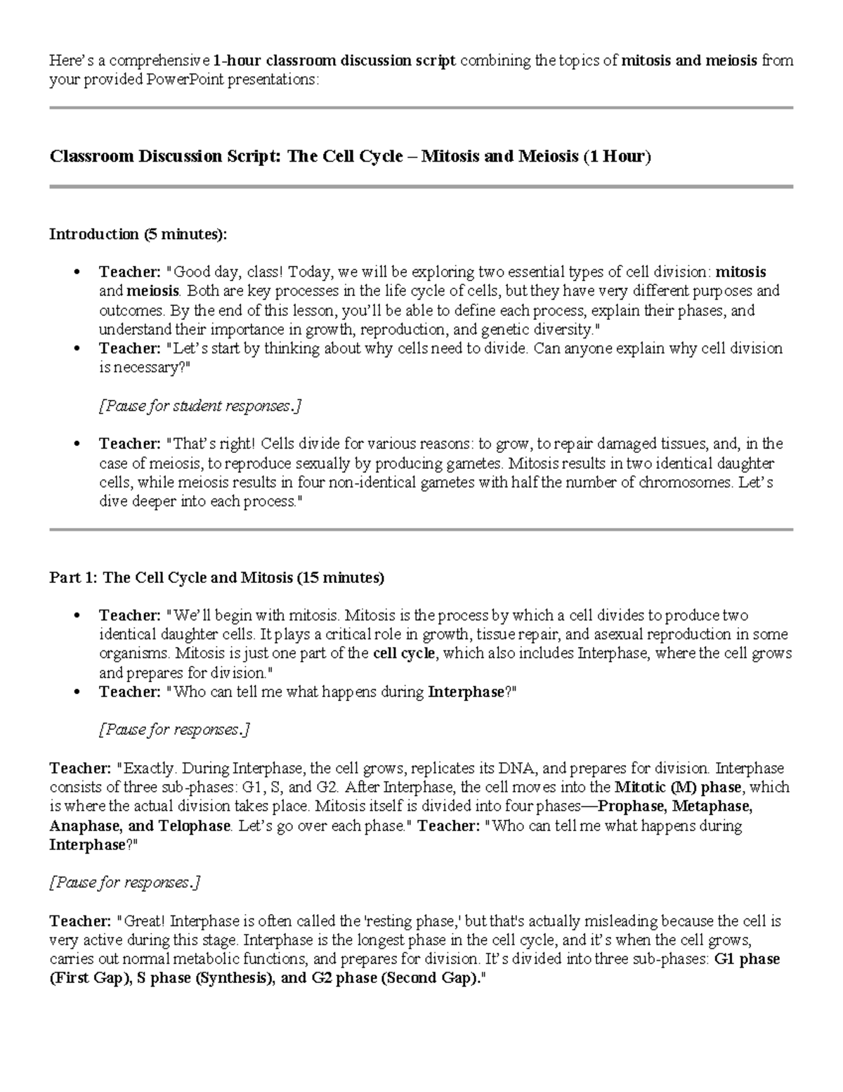 Cell Cycle Discussion Script: Mitosis & Meiosis Overview - Studocu