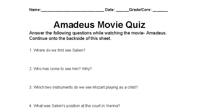 Amadeus Movie Quiz: Questions for Class Discussion - Studocu