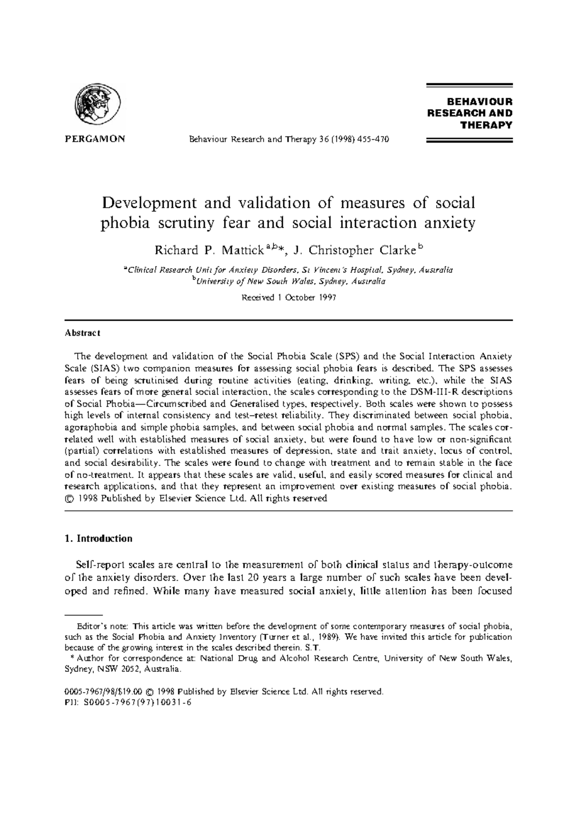 Development and Validation of Social Phobia Scales (SPS & SIAS) - Studocu