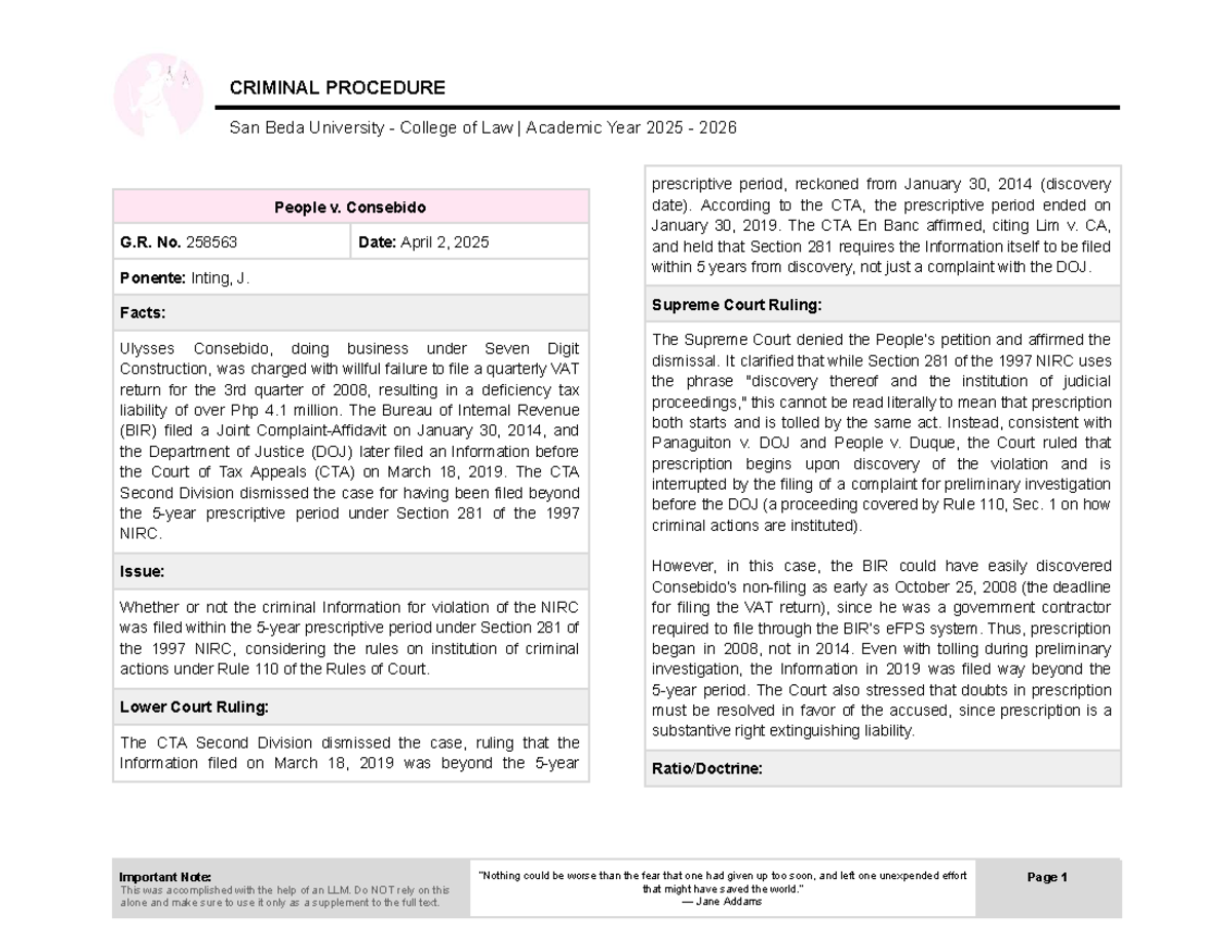 CRIMINAL PROCEDURE Case Digests for AY 2025-2026 at San Beda University ...
