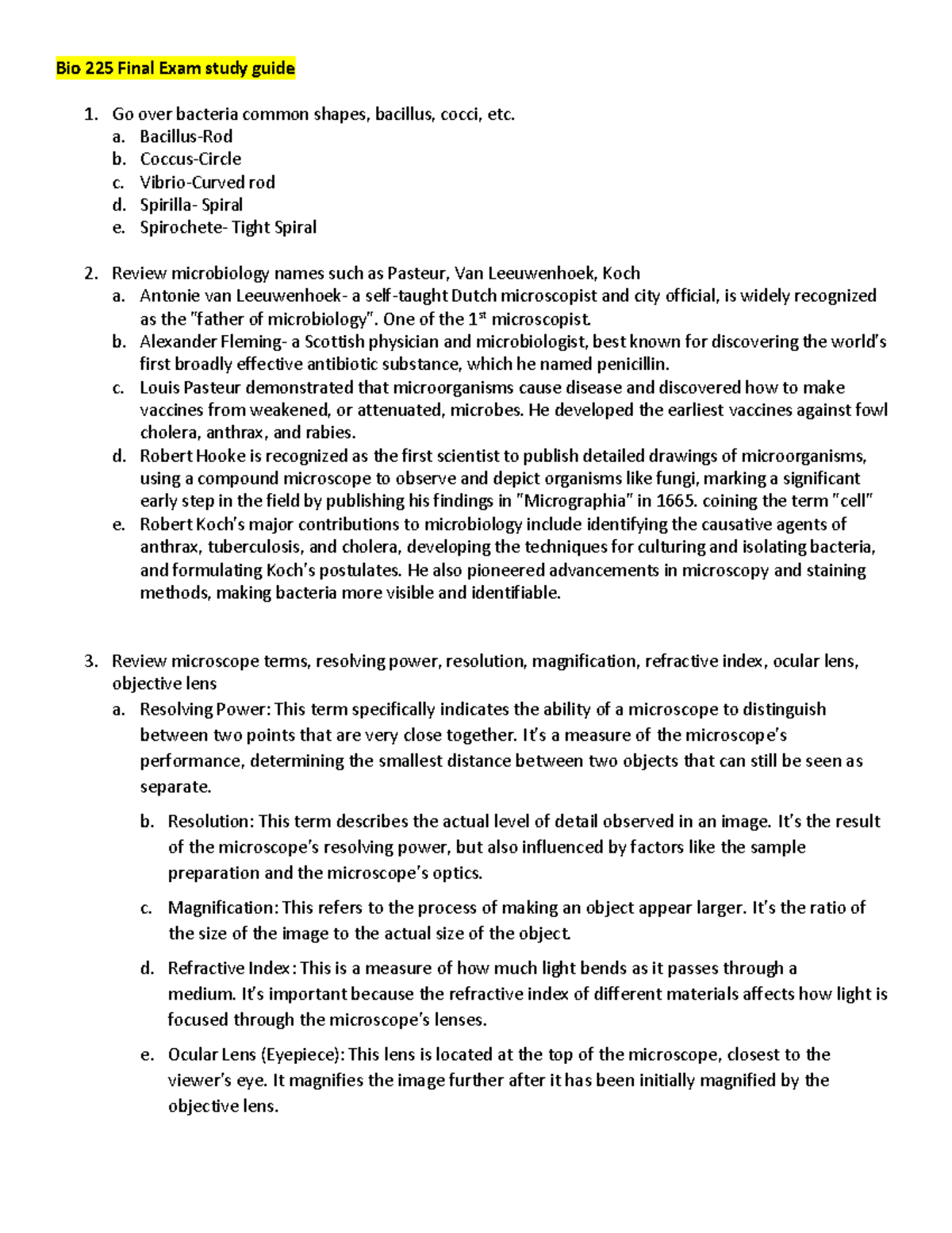 Bio 225 Final Exam Study Guide: Microbiology Key Terms & Concepts - Studocu