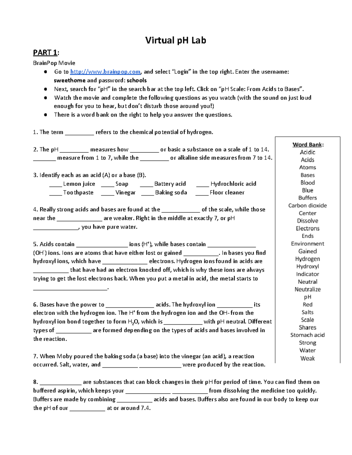 Lab - p H - Virtual - REFERENCE - Virtual pH Lab PART 1: BrainPop Movie ...