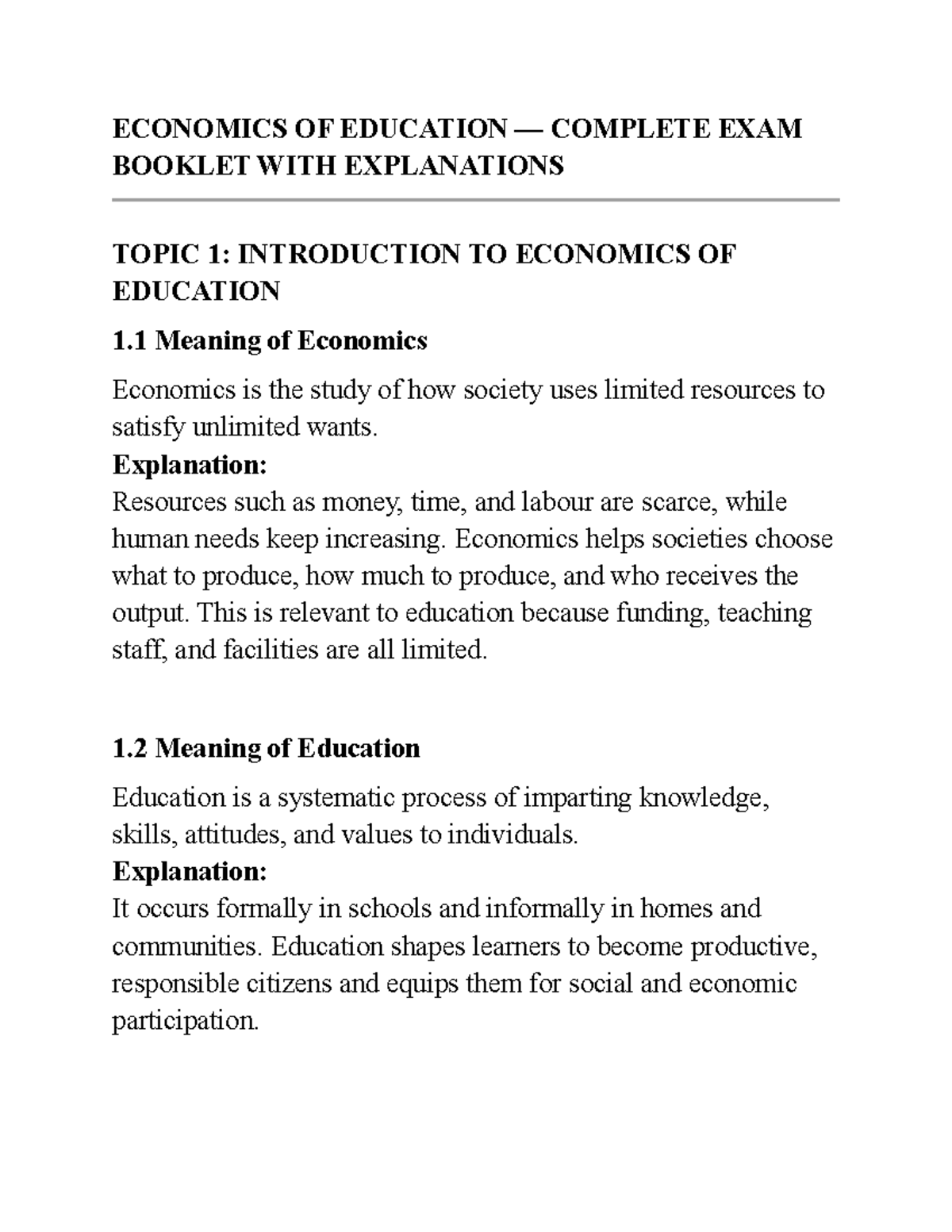 ECON 101: Economics of Education Complete Exam Booklet Summary - Studocu