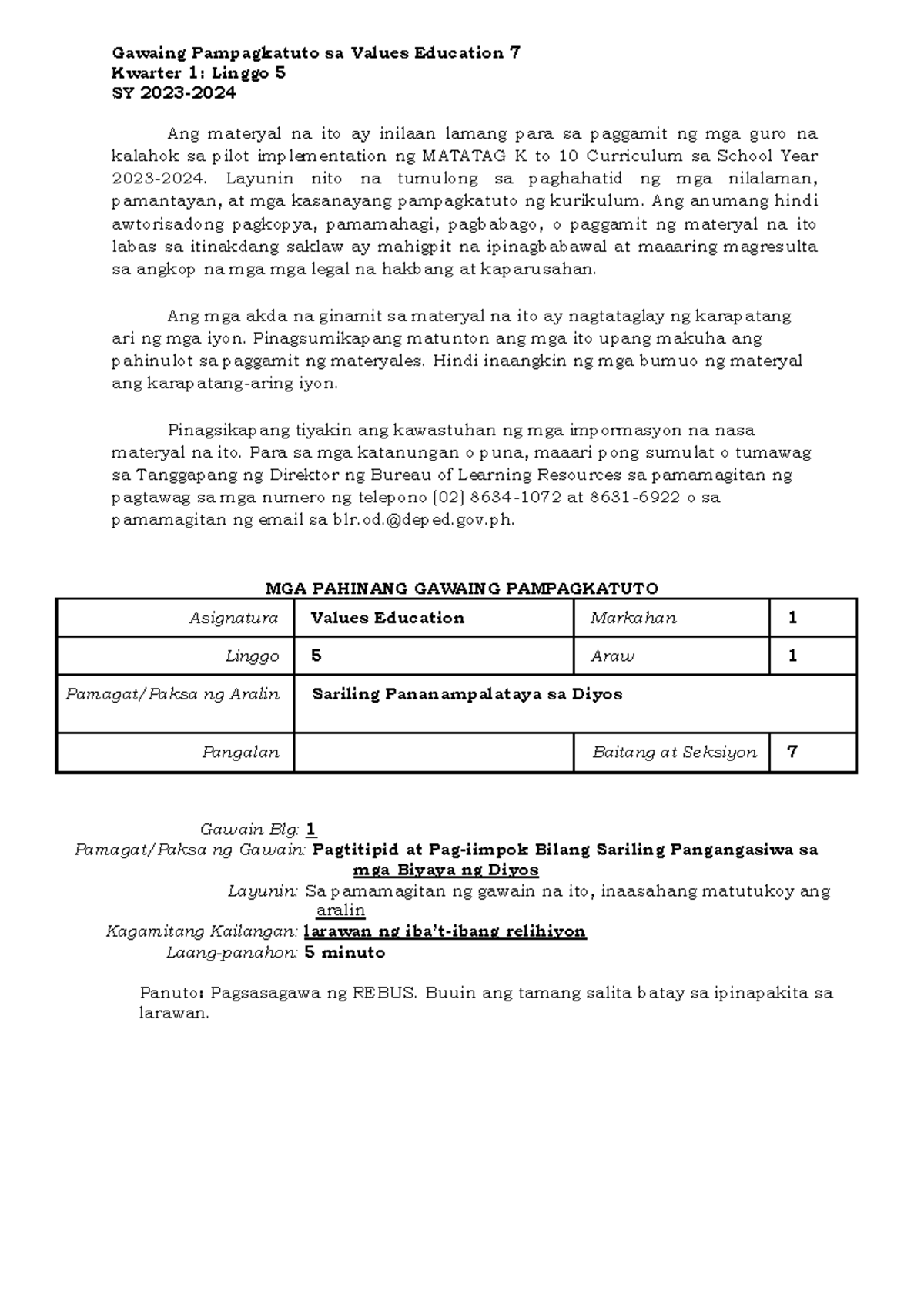 Values Education Lesson Plan: Week 5 Activities for Grade 7 - Studocu