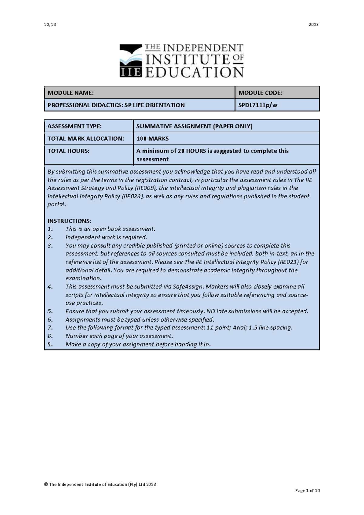 SPDL7111 Professional Didactics Summative Assignment Guidelines - Studocu