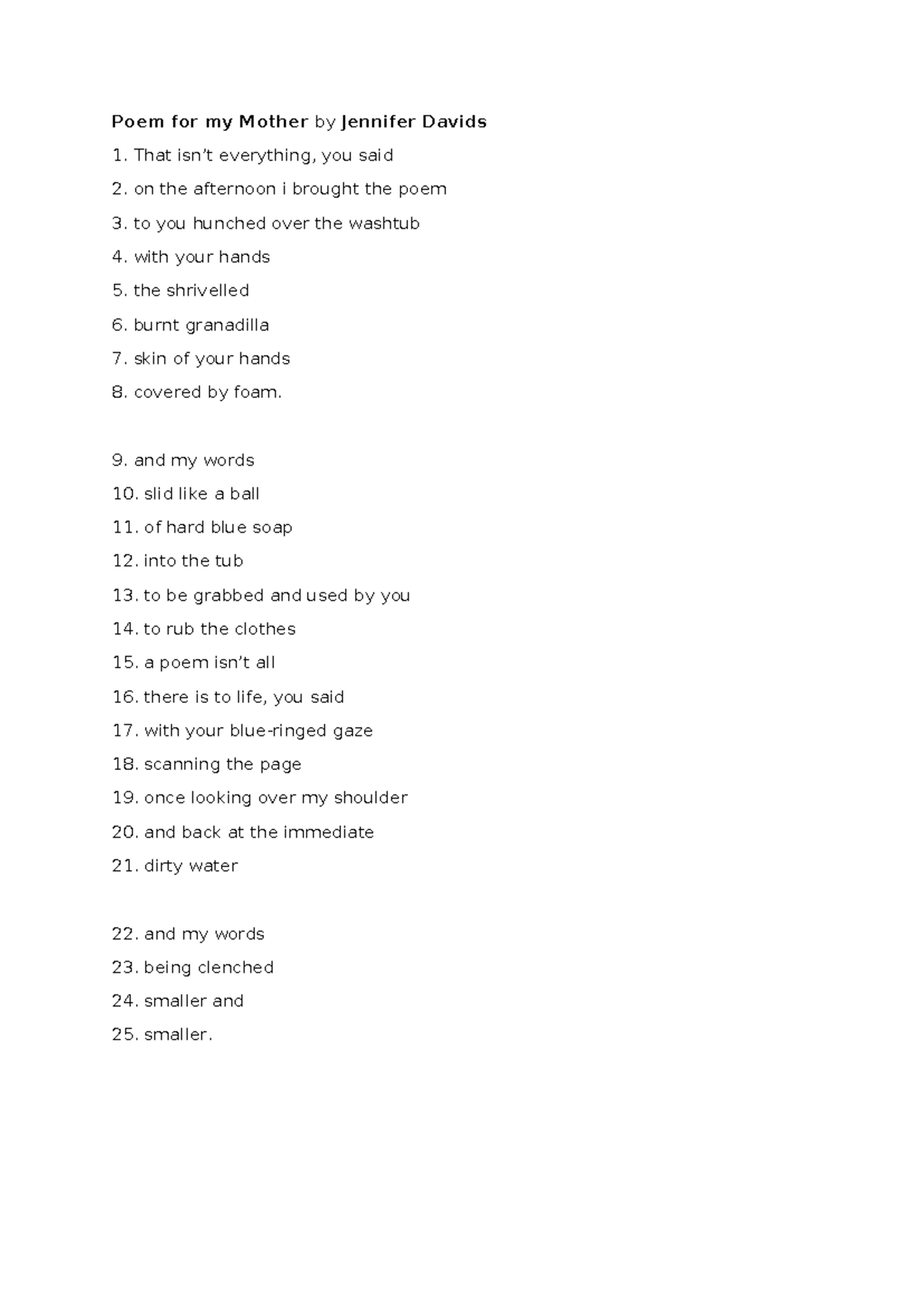 Poem Analysis: "Poem for my Mother" by Jennifer Davids - Studocu
