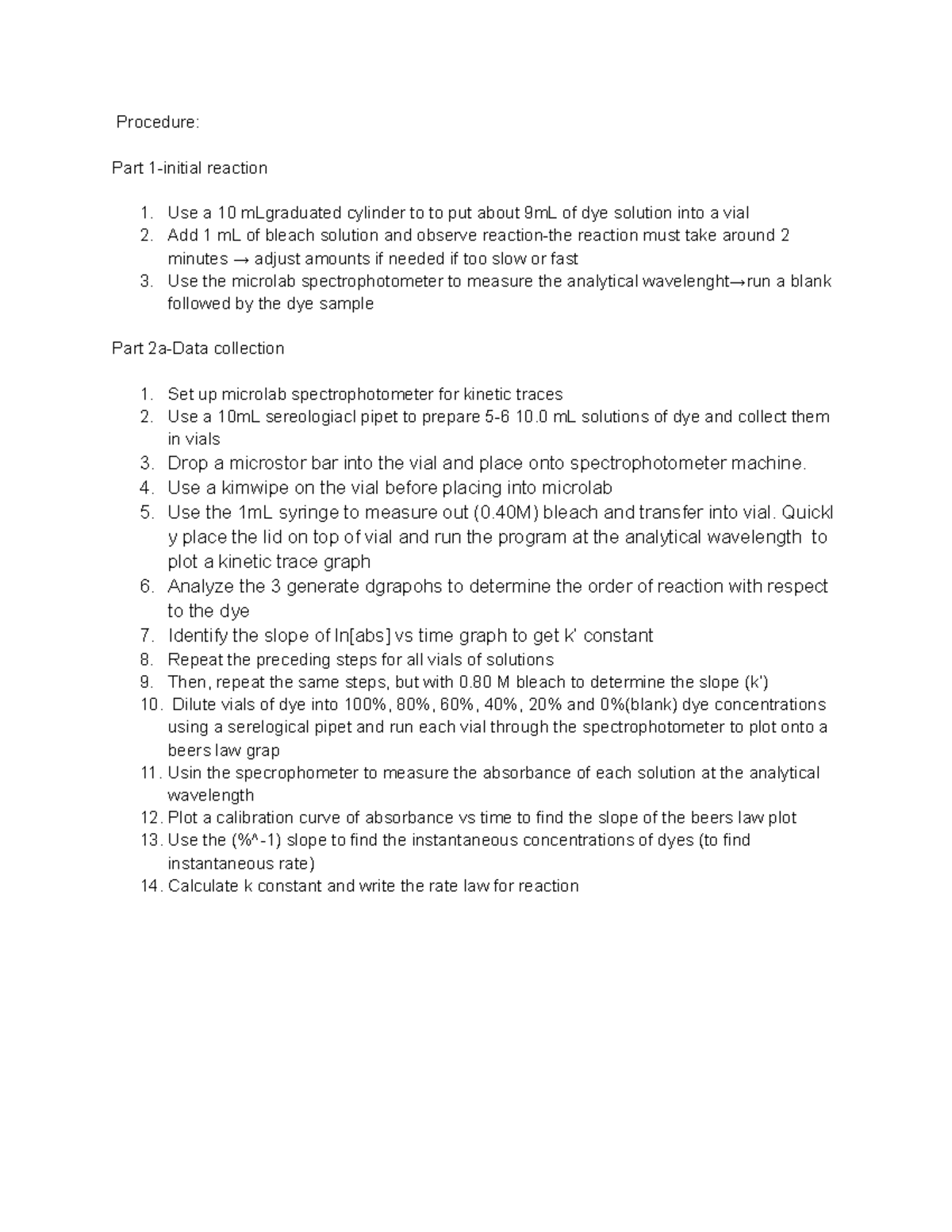Chem123 - Lab Procedure for Dye Reaction Kinetics Analysis - Studocu