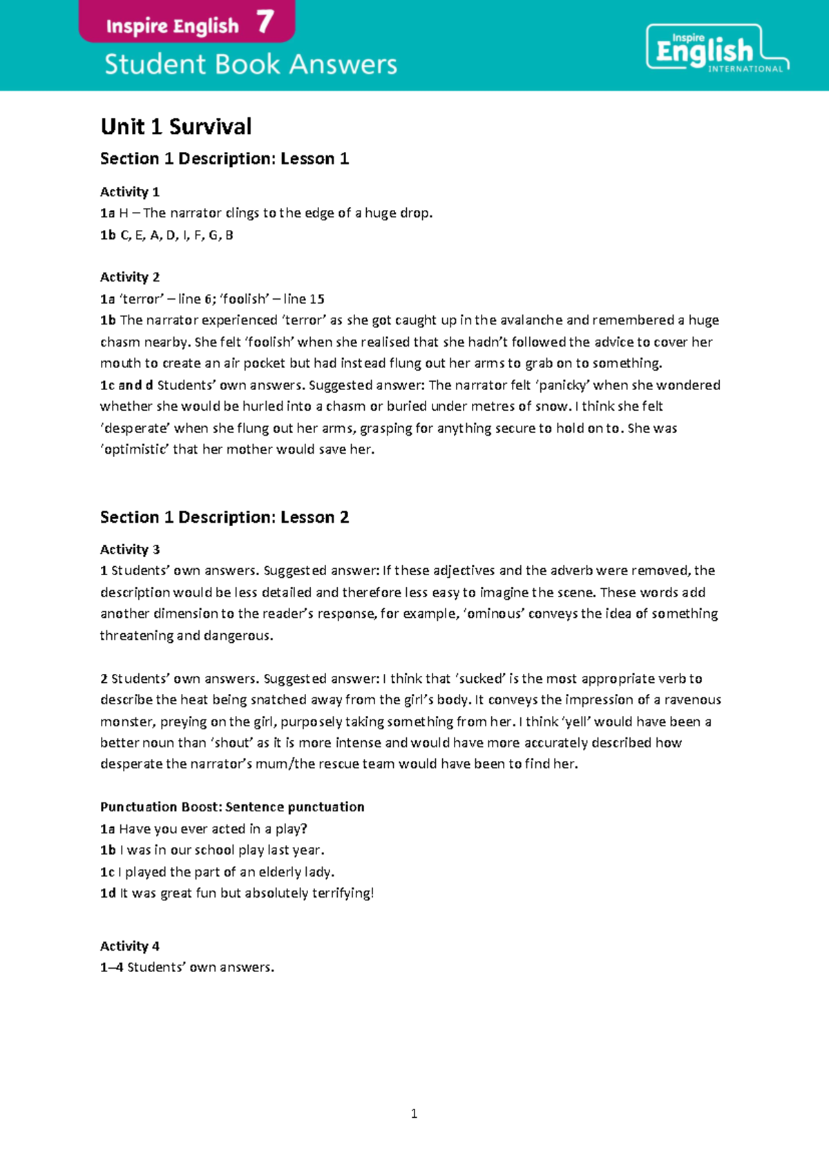Inspire English Y7 Survival Unit Student Book Answers - Lessons 1-18 ...