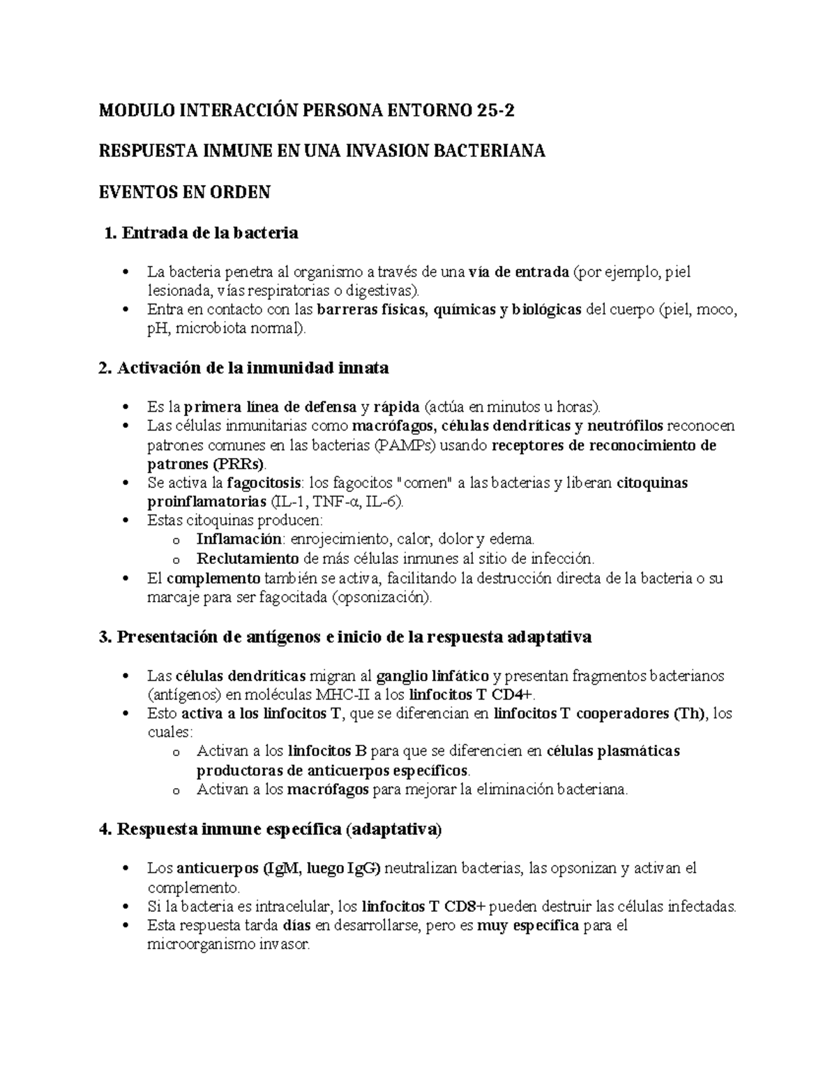 Respuesta Inmune en Invasión Bacteriana: Eventos Clave - Studocu