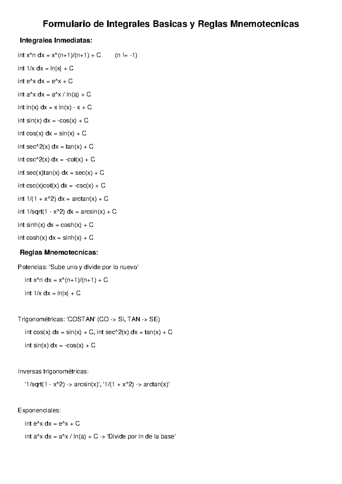 Integrales Basicas y Reglas Mnemotecnicas - Formulario de Integrales ...