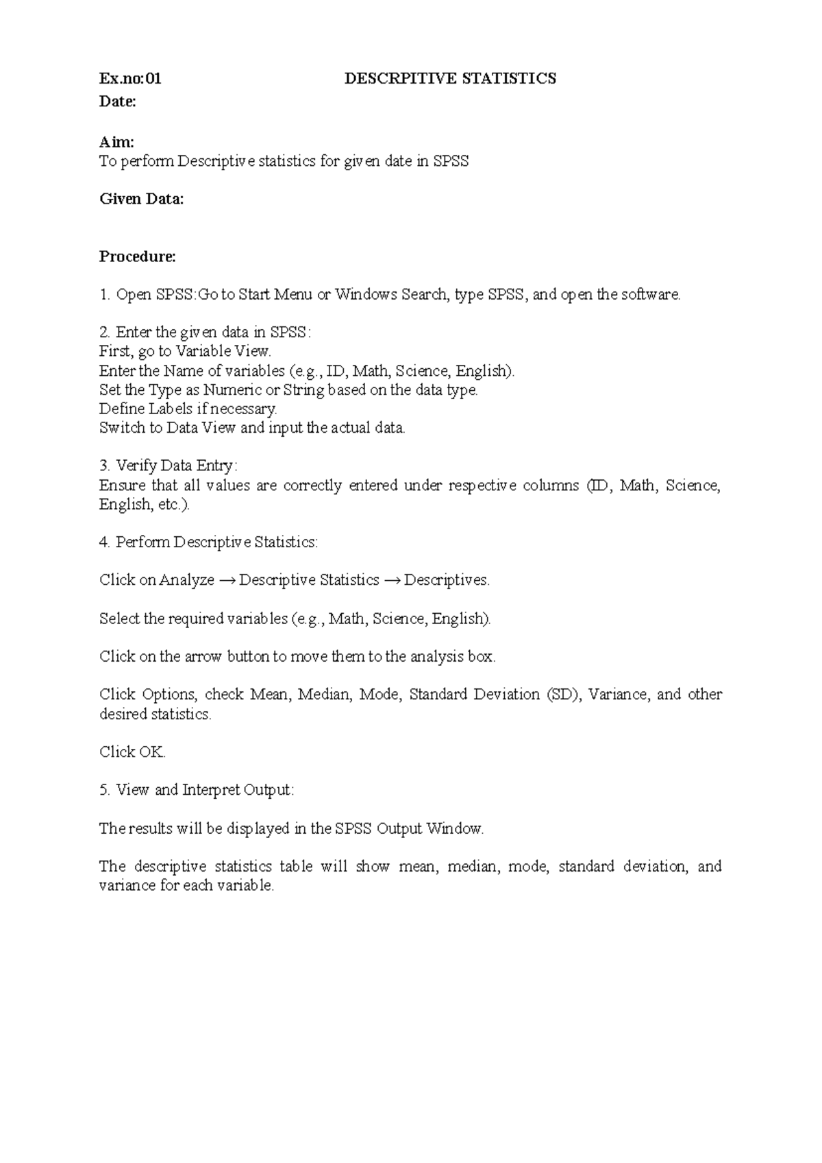 LAB Manual-2025 - LAB manual - Ex:01 DESCRPITIVE STATISTICS Date: Aim ...