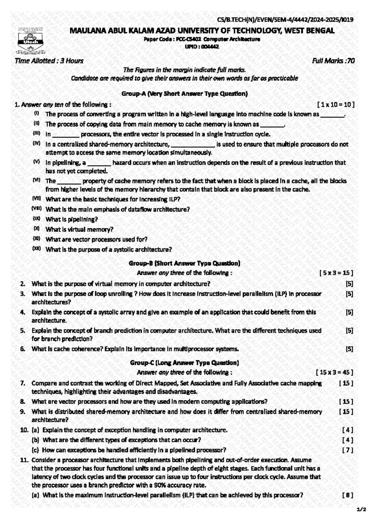 Question Paper 2024: Computer Architecture (Utech Code) - Studocu