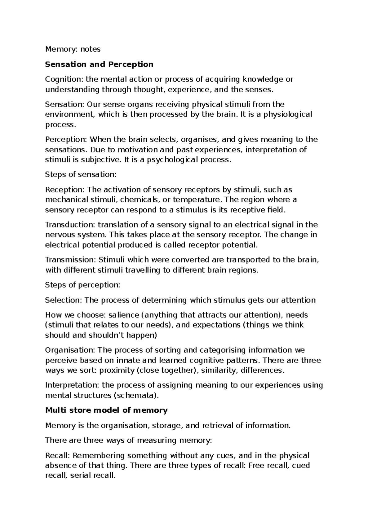 Memory (PSY101): Study Notes on Sensation, Perception, and Cognition ...