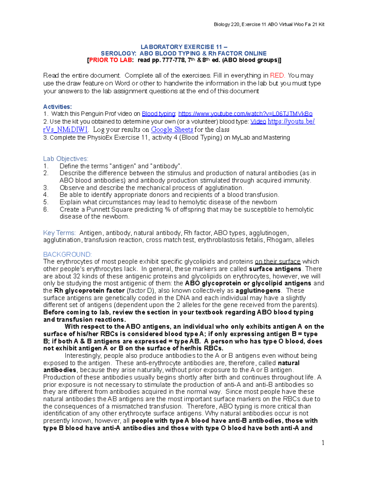 Lab 11: ABO Blood Typing & Rh Factor Analysis for Serology Studies ...