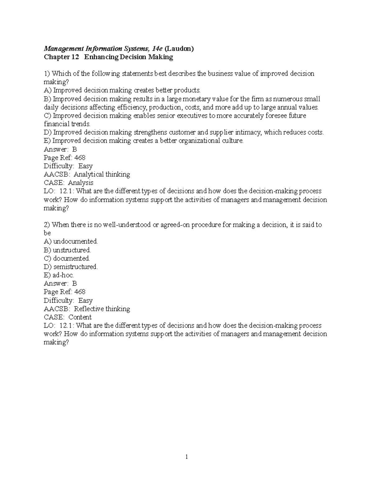 Chapter 12: Decision-Making Insights - Test Bank (MIS 14e) - Studocu