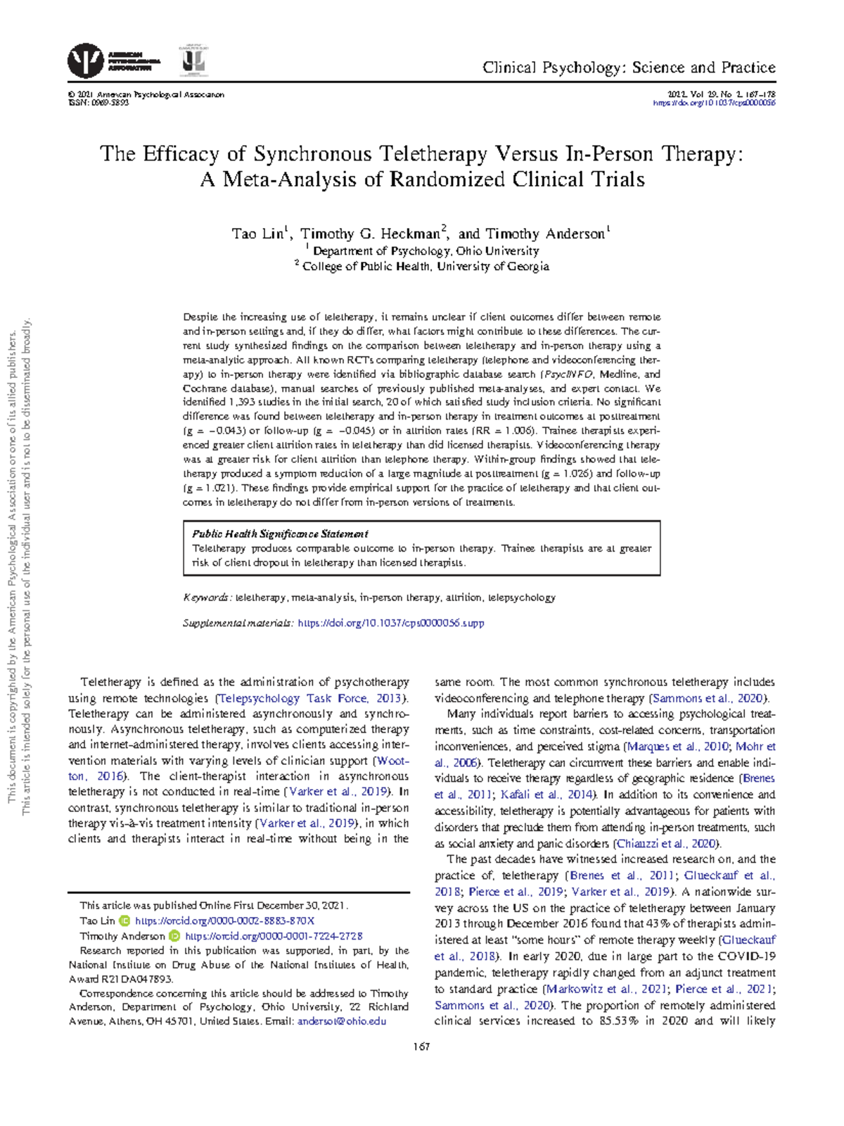 The Efficacy of Synchronous Teletherapy vs. In-Person Therapy: A Meta ...