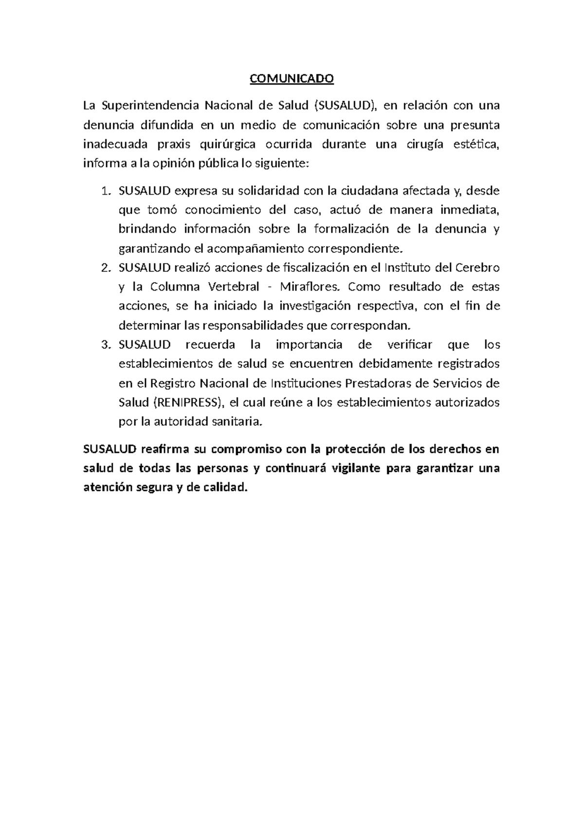 Comunicado 003 - Información sobre Denuncia de Cirugía Estética - Studocu