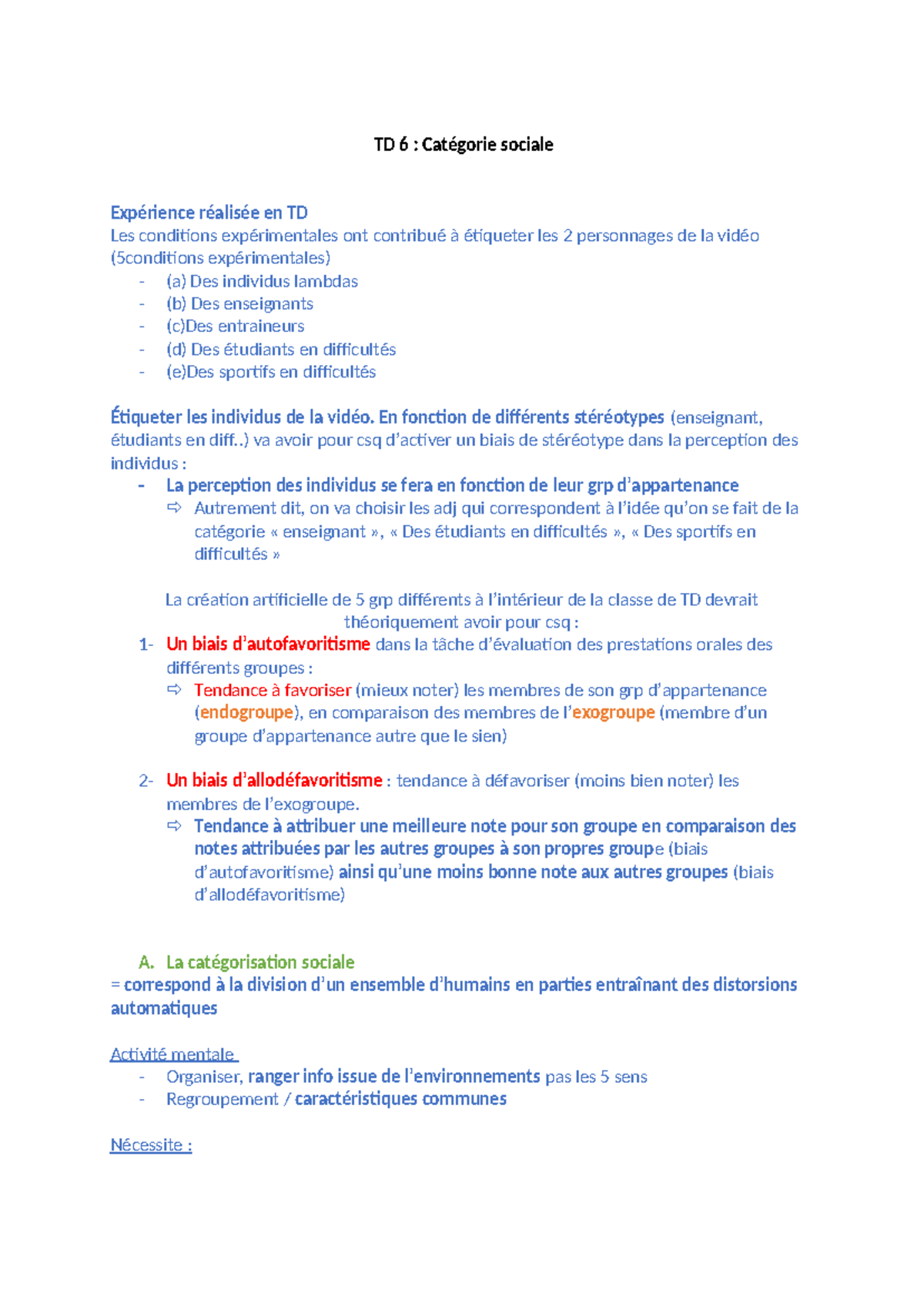 TD 6 : Catégorie Sociale et Biais de Stéréotype en Psychologie - Studocu