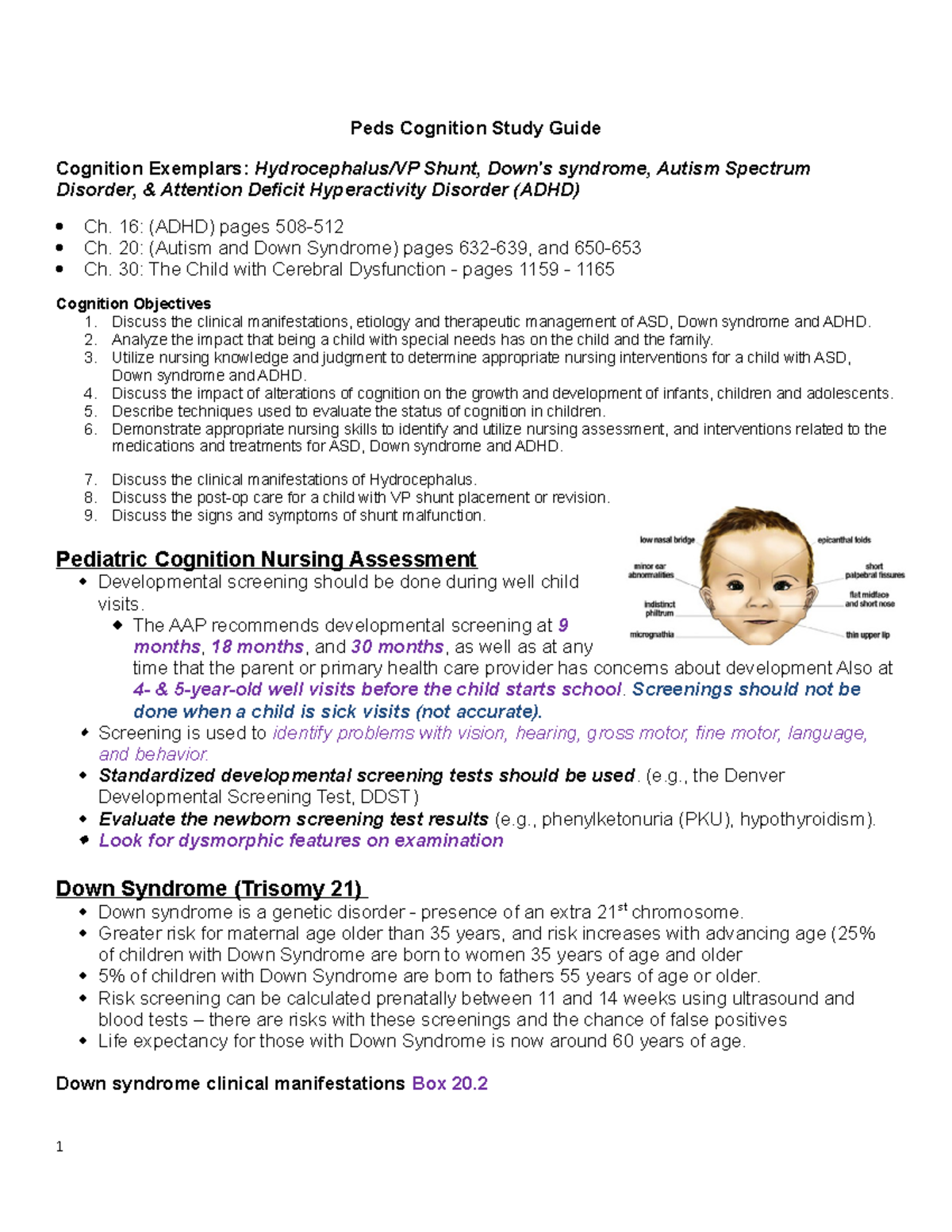 Peds Cognition Study Guide: ADHD, Autism, Down Syndrome ...