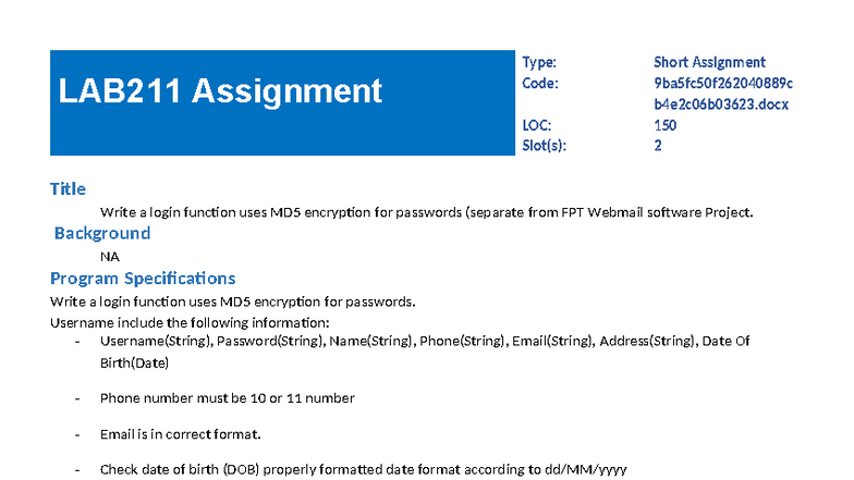LAB211 Short Assignment: MD5 Login Function Implementation - Studocu