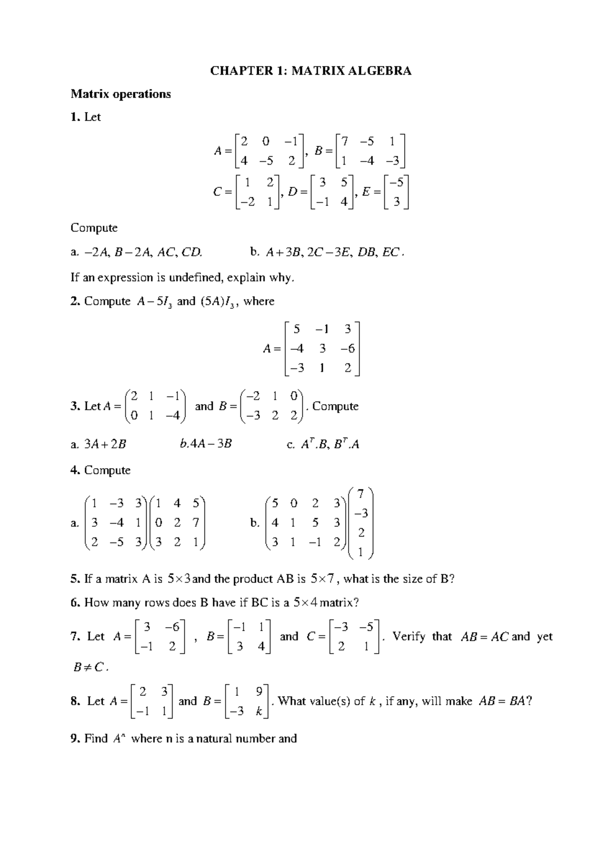 Linear Algebra Exercises Homework 2 - CHAPTER 1: MATRIX ALGEBRA Matrix ...