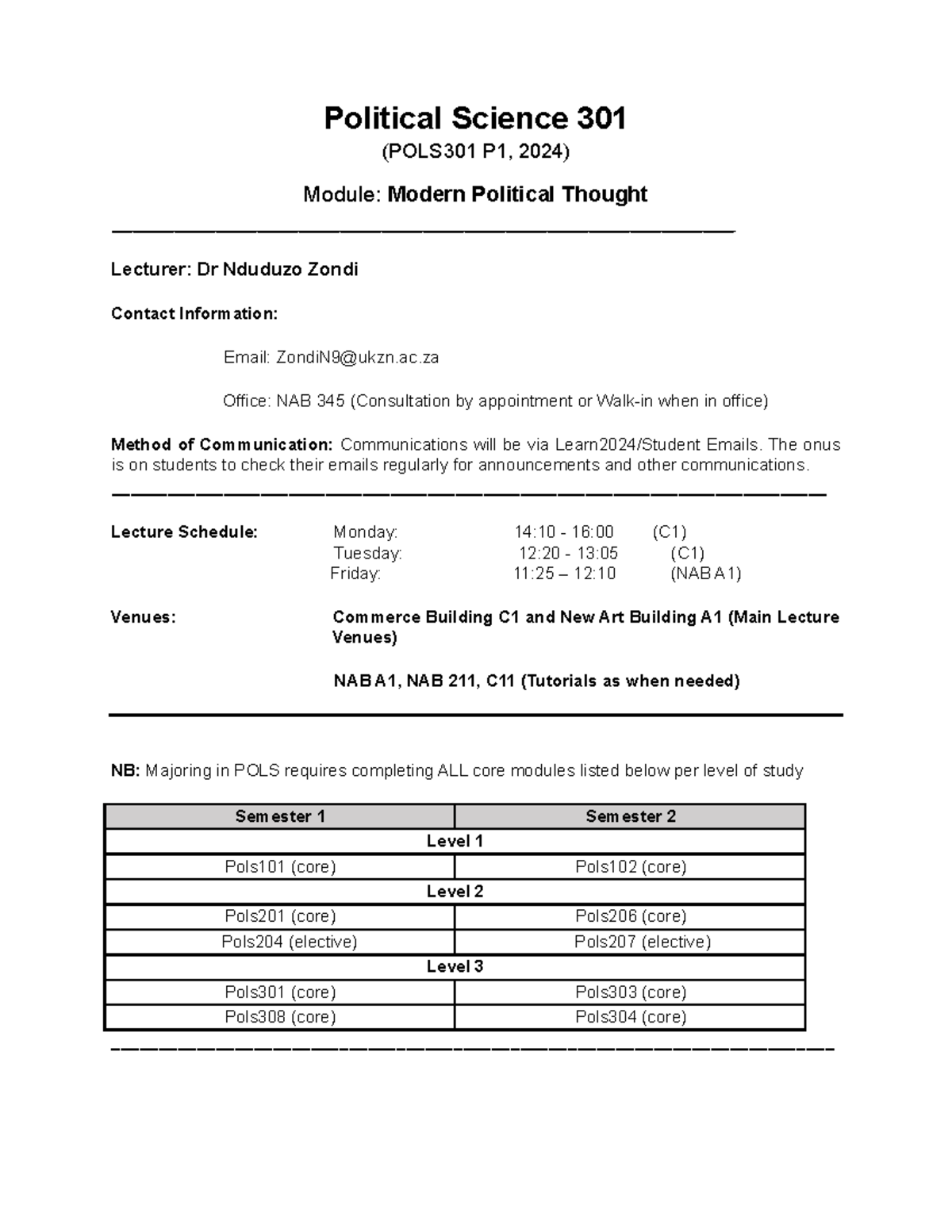 POLS301 Modern Political Thought Course Outline 2025 - Studocu