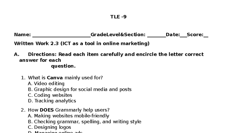 Grade 8 - Written Work 2.3: Answer Key for ICT in Online Marketing ...