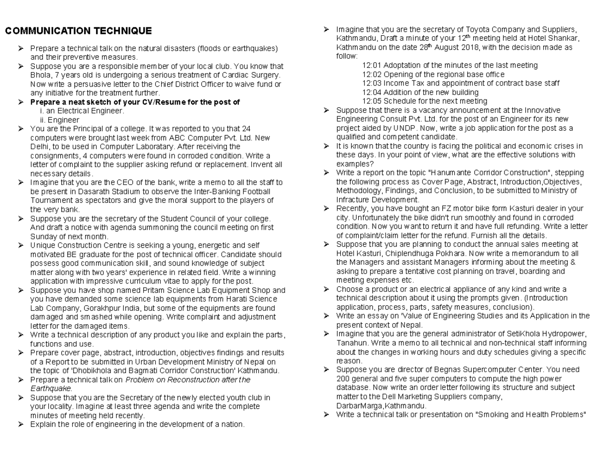 COMMUNICATION TECHNIQUE: Technical Talks & Correspondence Exercises ...