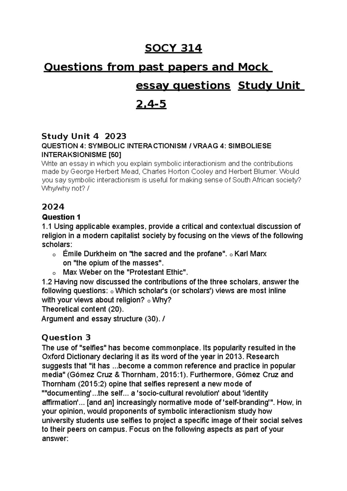 SOCY 314 - Past Papers & Mock Essay Questions on Symbolic ...