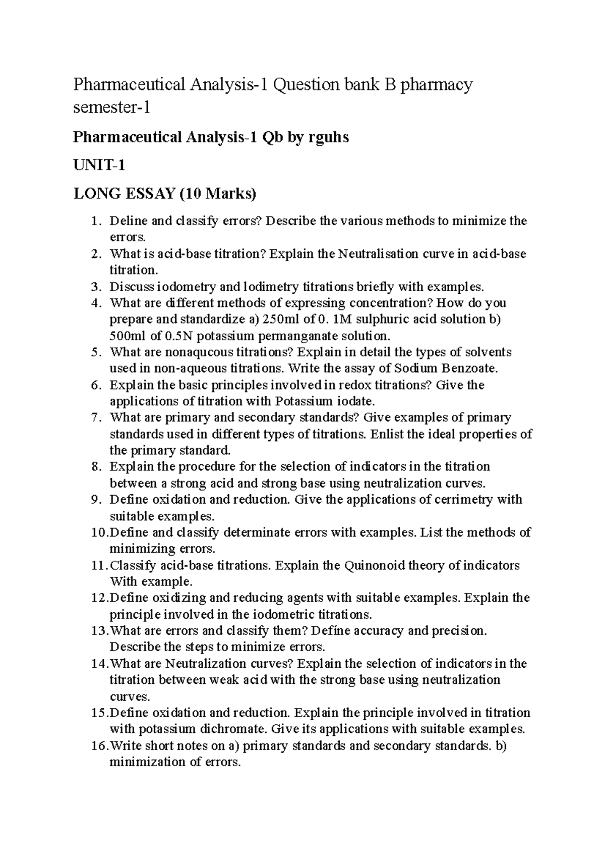 Pharmaceutical Analysis sem 1 qb - Pharmaceutical Analysis-1 Question ...