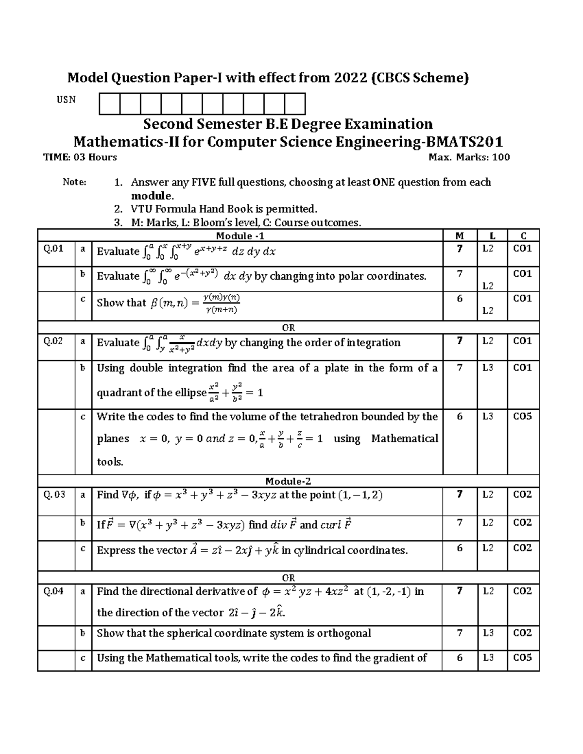 Solution To Model Qp 1 Bmats 201 Model Question Paper I With Effect From 2022 Cbcs Scheme
