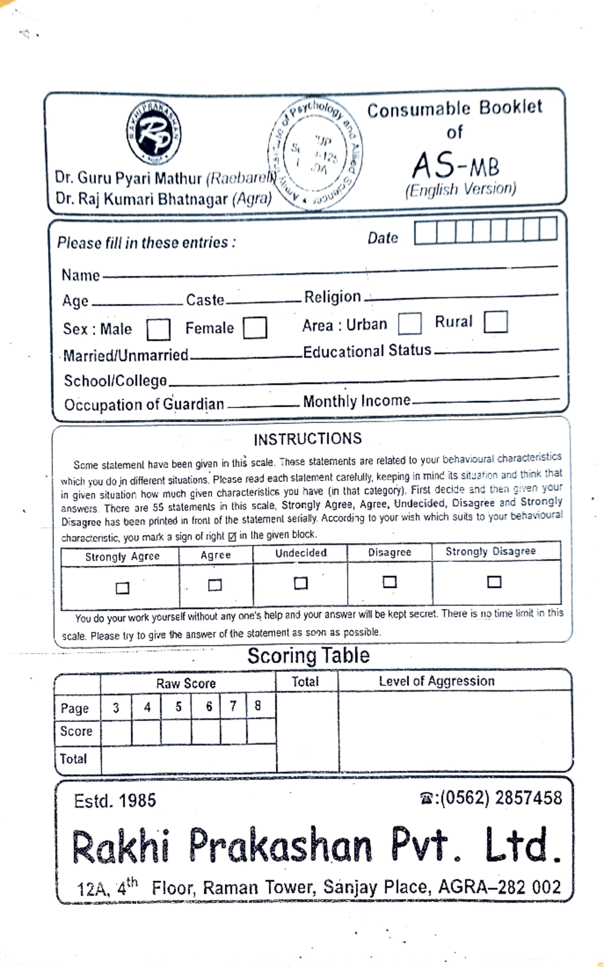 Aggression Scale Questionnaire - AS-MB (Consumable Booklet) - Studocu