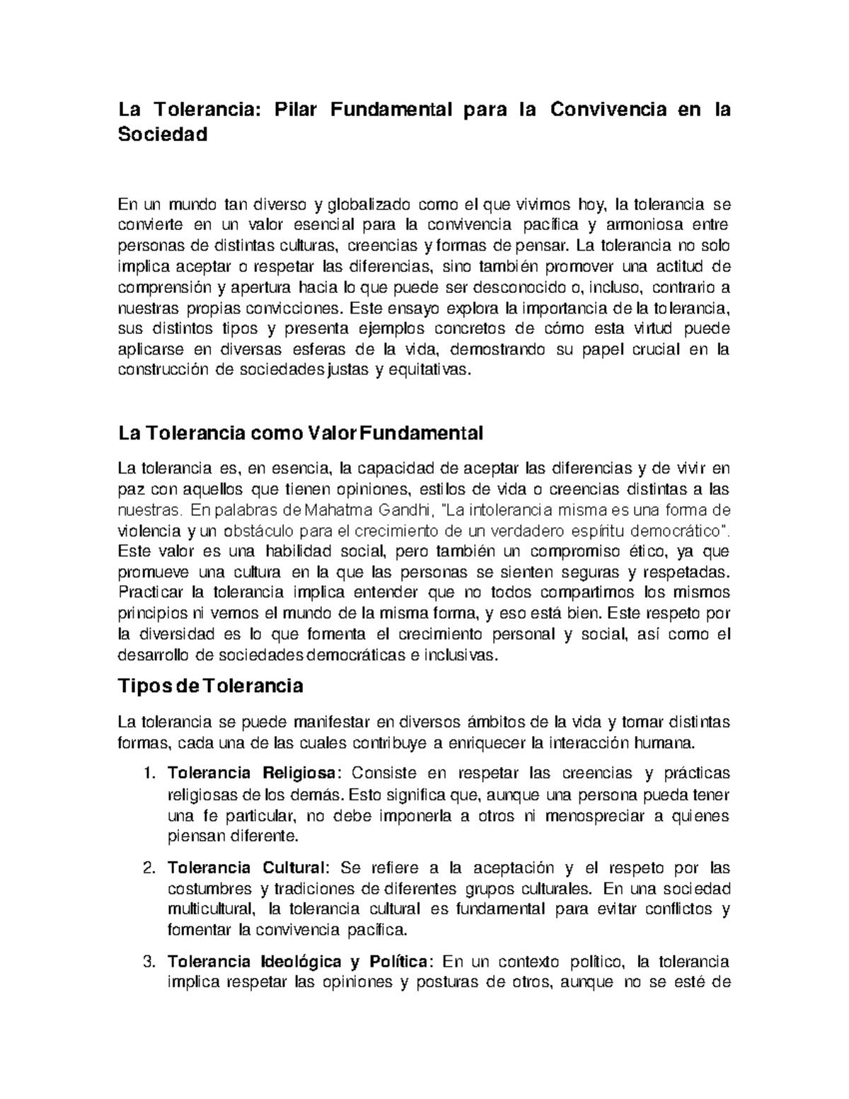 Ensayo sobre La Tolerancia: Valor Esencial en la Convivencia - Studocu
