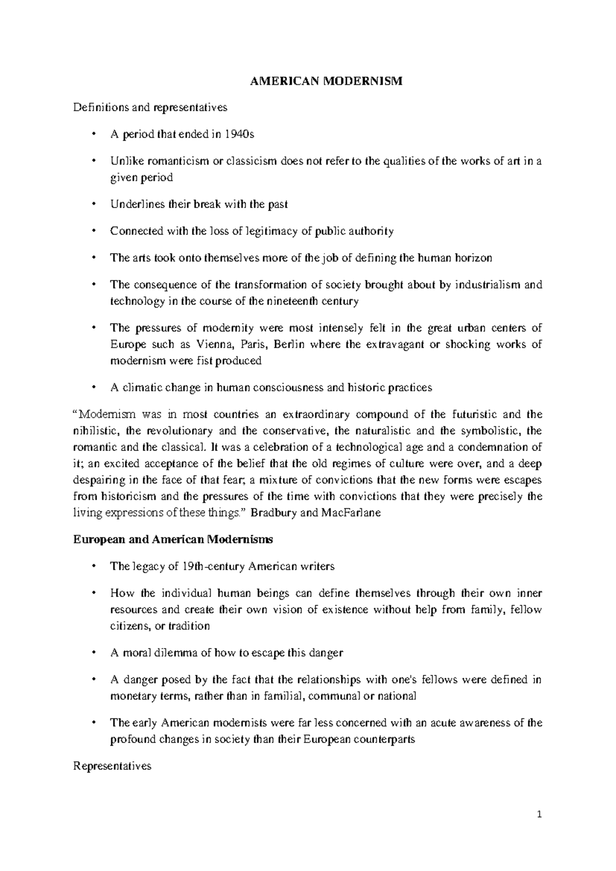 Am. lit. lectures - Lecture notes 1-10 - AMERICAN MODERNISM Definitions ...