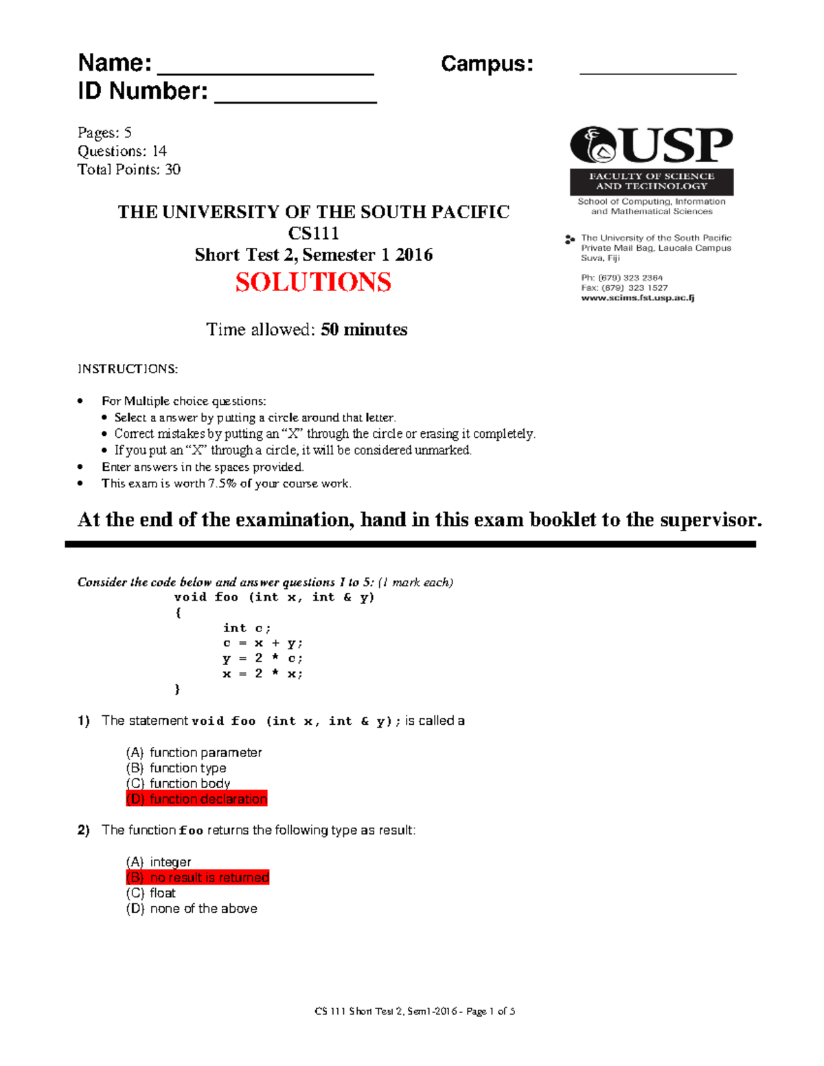 CS111 - Test Two Solution - Semester Two - 2016 - Name ...