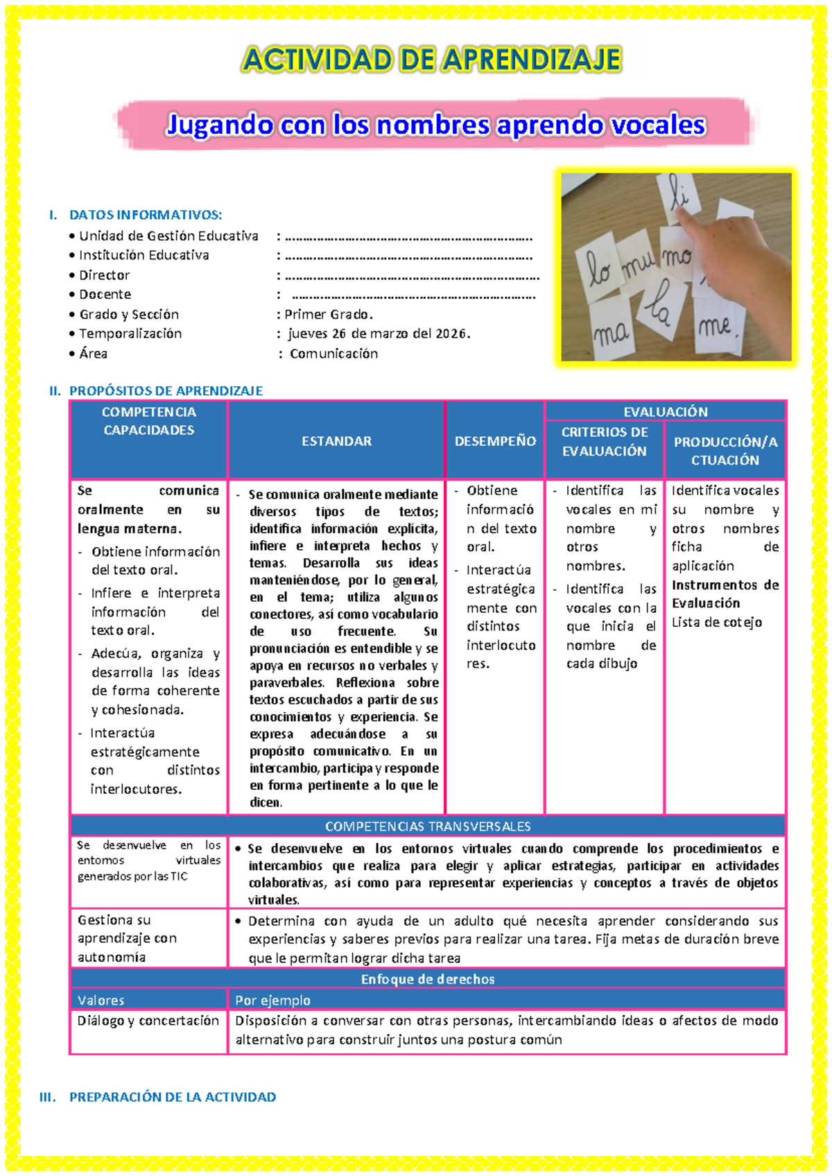 Vocales en Nombres: Actividad para Primer Grado - Comunicación II - Studocu