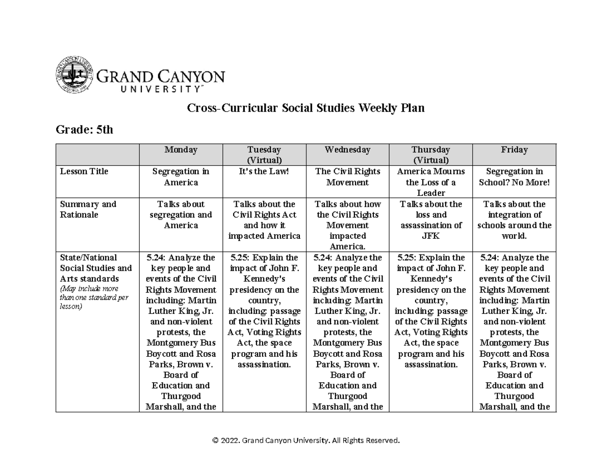 ELM 550 T6 Week Plan: Civil Rights Movement and Segregation Lessons ...