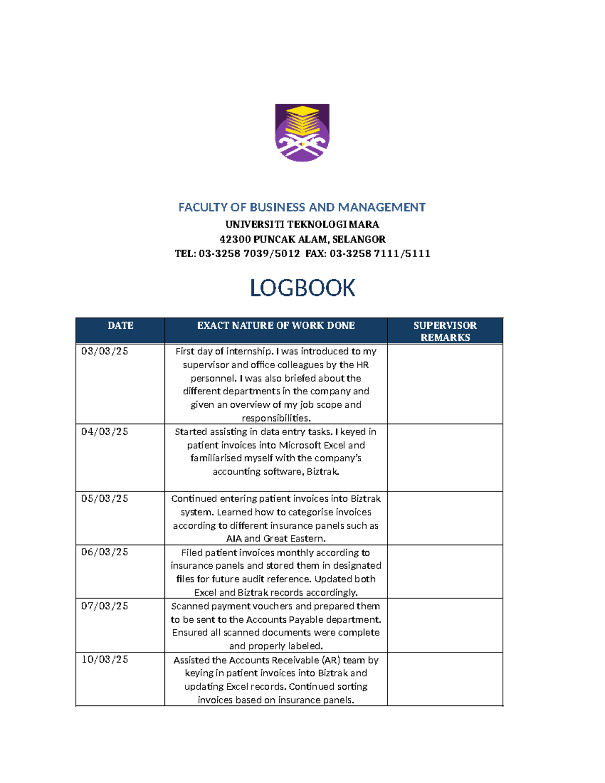Logbook of Internship Activities - UITM 42300 Business Management - Studocu