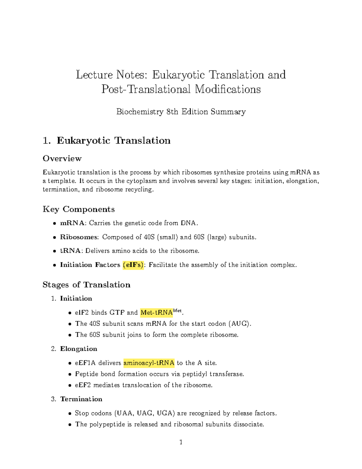 Lecture Notes: Eukaryotic Translation & Modifications - Biochem 8th Ed ...