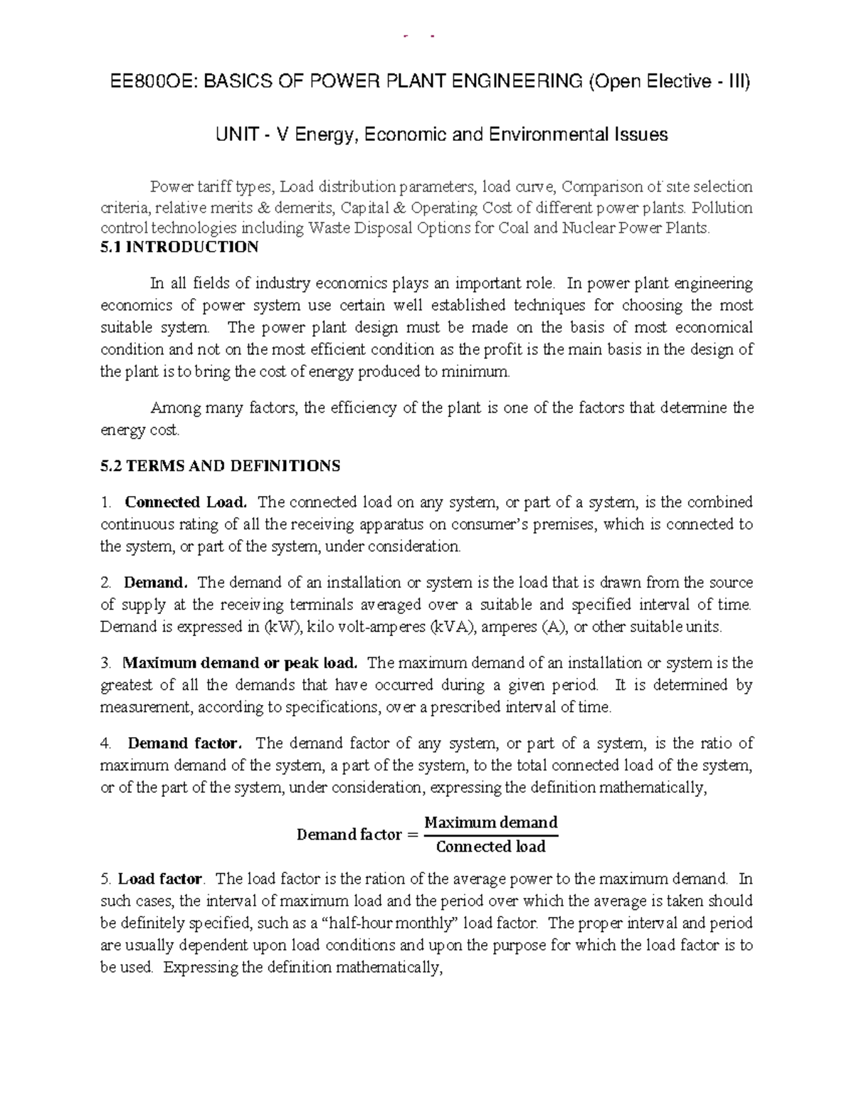 EE800OE: Unit V - Energy, Economic & Environmental Issues in Power ...
