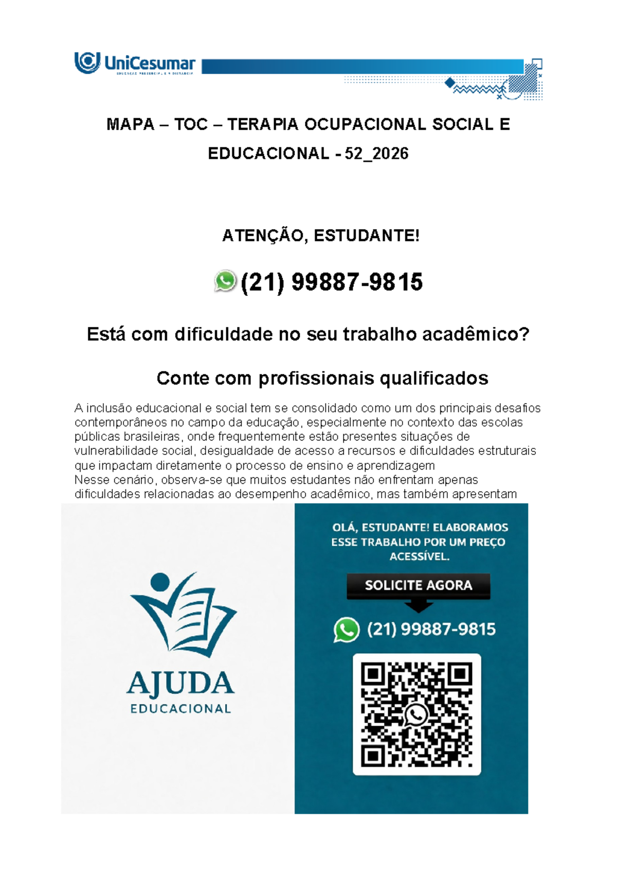 MAPA - TOC - INCLUSÃO ESCOLAR E VULNERABILIDADE SOCIAL - 52_2026 - Studocu
