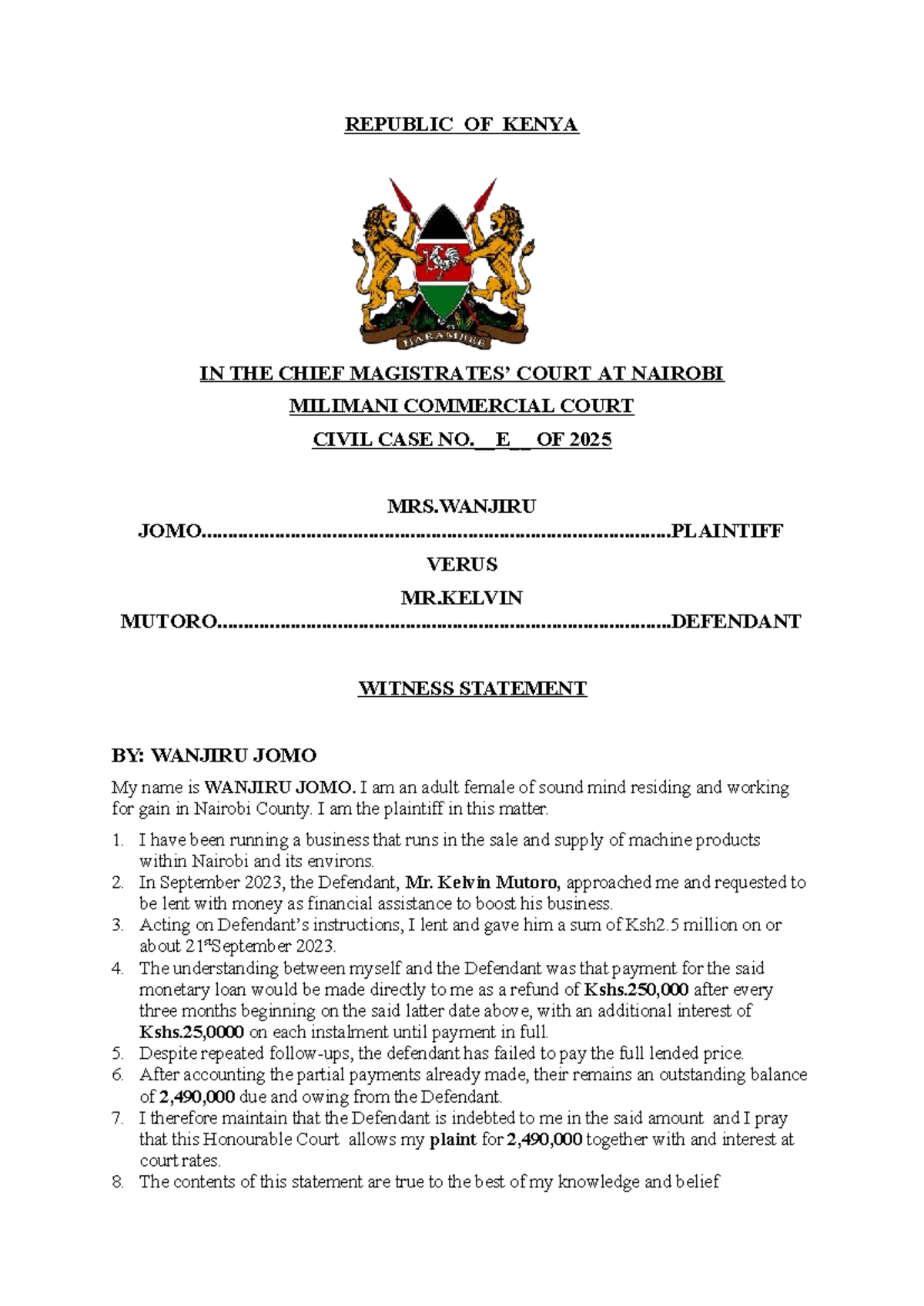 Witness Statement: Wanjiru Jomo vs. Kelvin Mutoro - Civil Case No. E of ...