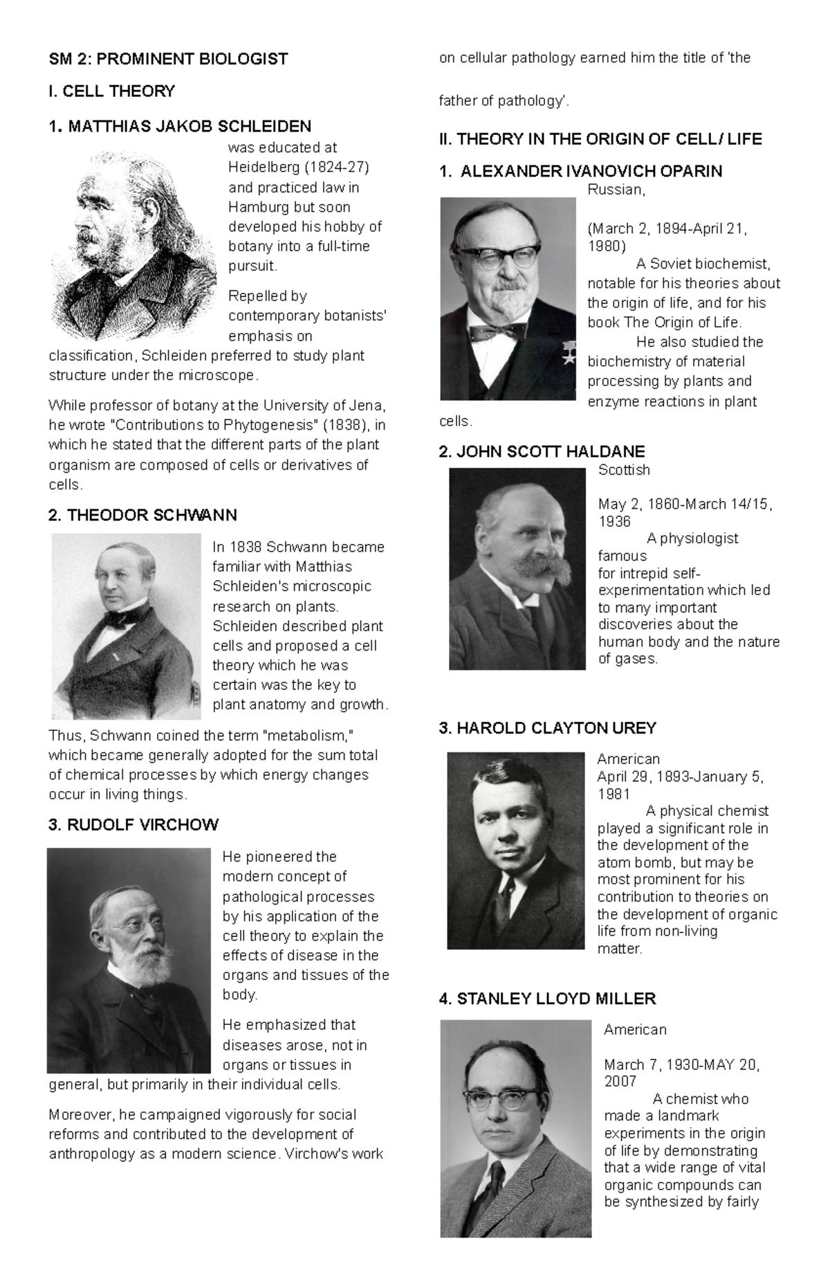 Biologist Reviewer - SM 2: PROMINENT BIOLOGIST l. CELL THEORY 1 ...